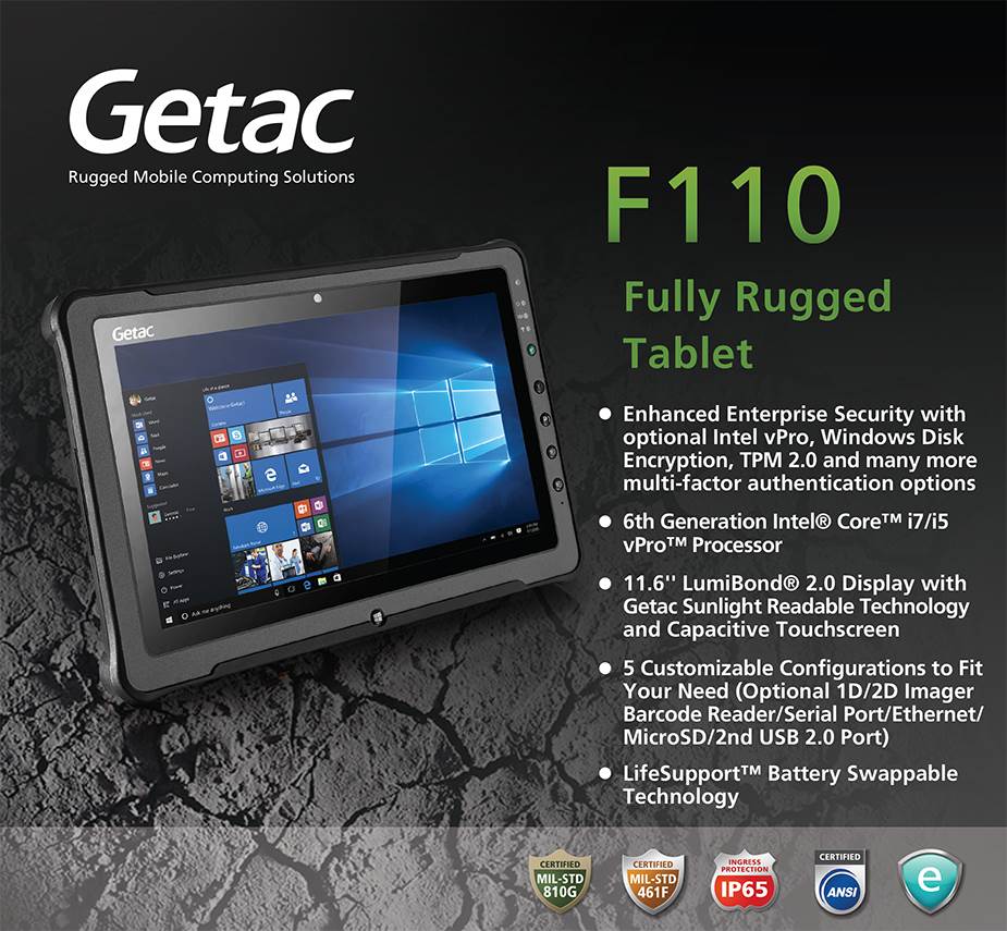 Getac F110 G3 11.6" Rugged Tablet i5-6200U 4GB 128GB Win10 Pro 4G LTE ...