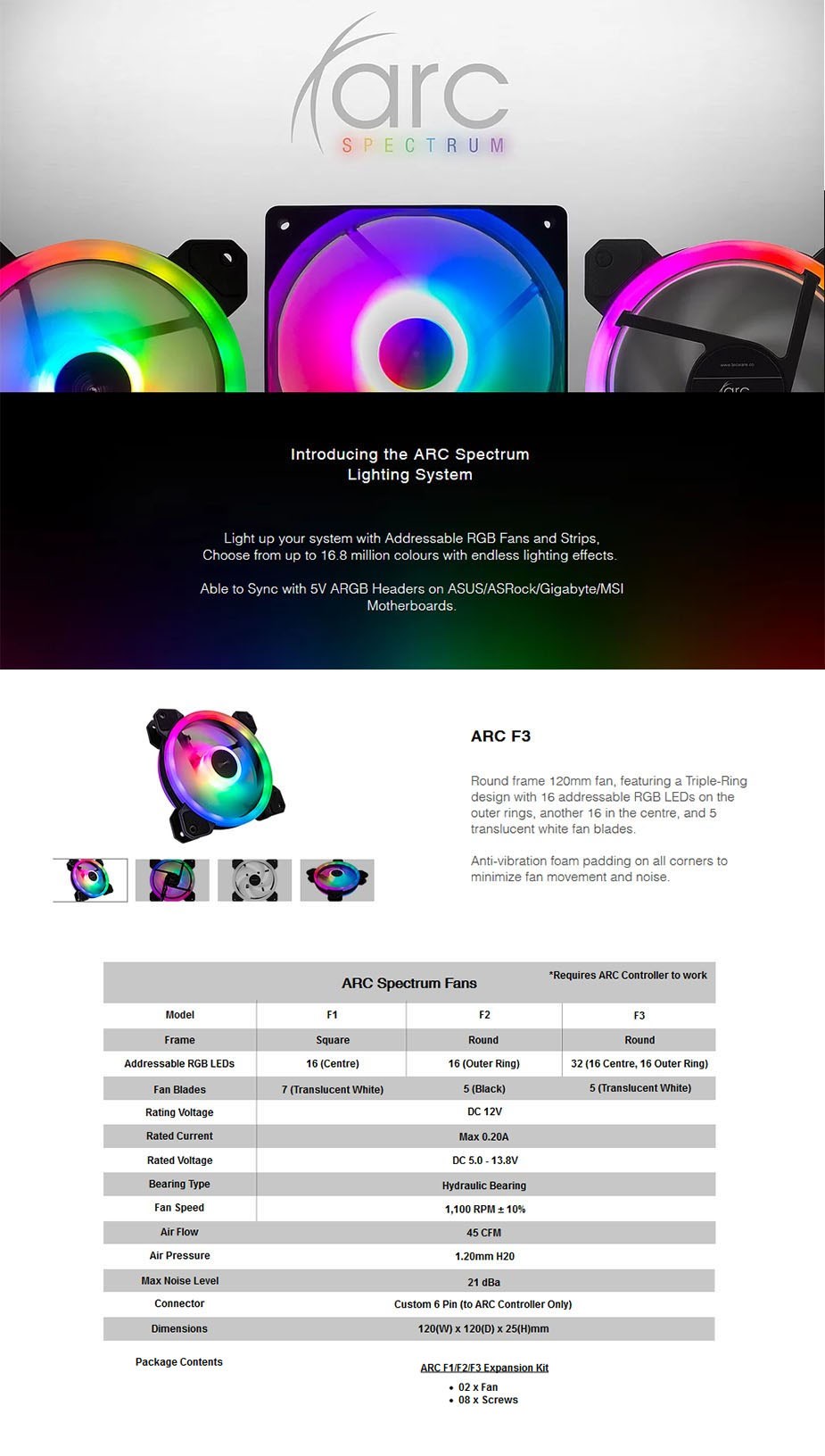 Tecware ARC Spectrum F3 120mm RGB LED Fan Expansion Kit - TW-ARC-F3-EX2 ...