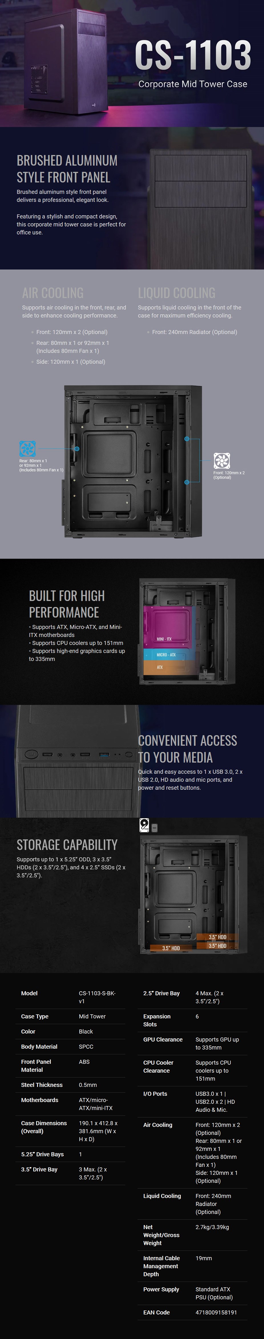 Aerocool CS-1103 Mid-Tower ATX Case - Black - AER-CS-1103-S-BK | Mwave