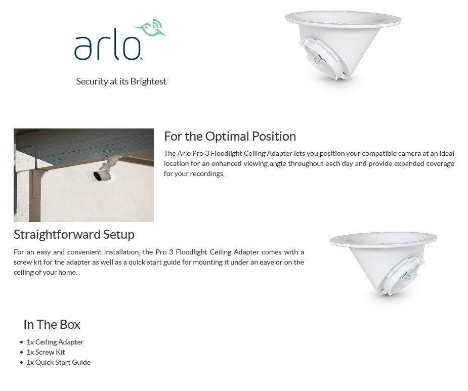 Arlo Ceiling Adapter Accessory for Arlo Pro 3 Floodlight Camera ...