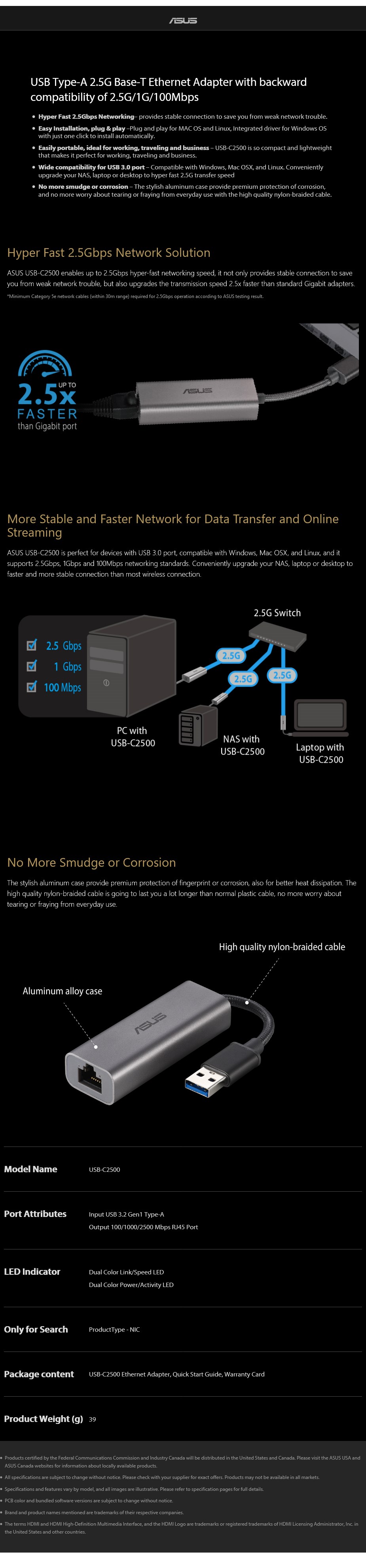 ASUS USB-C2500 USB 3.2 Type-A to RJ45 Ethernet 2.5Gbps Adapter - USB ...