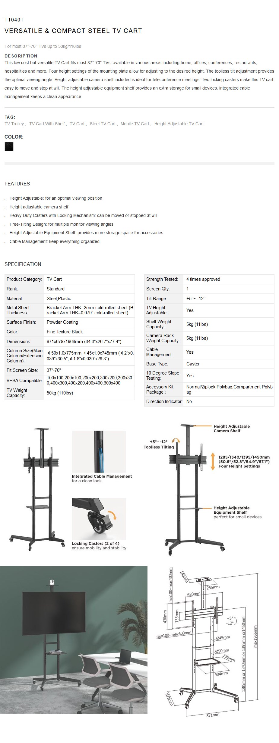 Brateck Compact TV Trolley Cart With Camera Shelf (37 - 70" 50kg Max ...