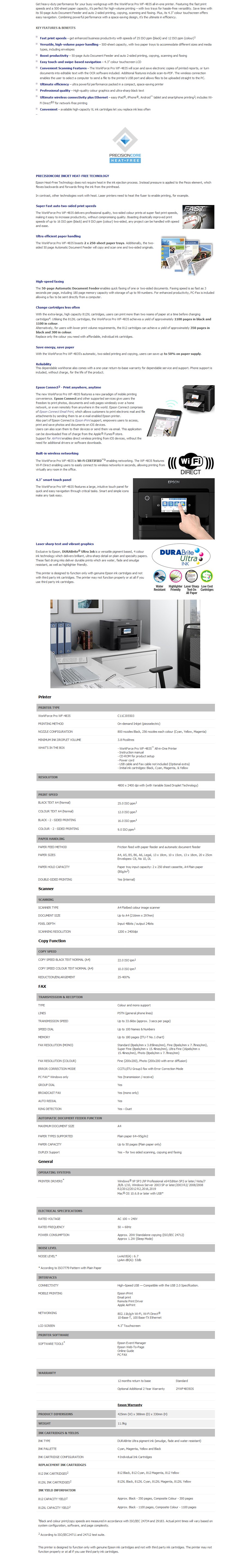 Epson WorkForce Pro WF-4835 A4 Wireless Colour MultiFunction Inkjet ...