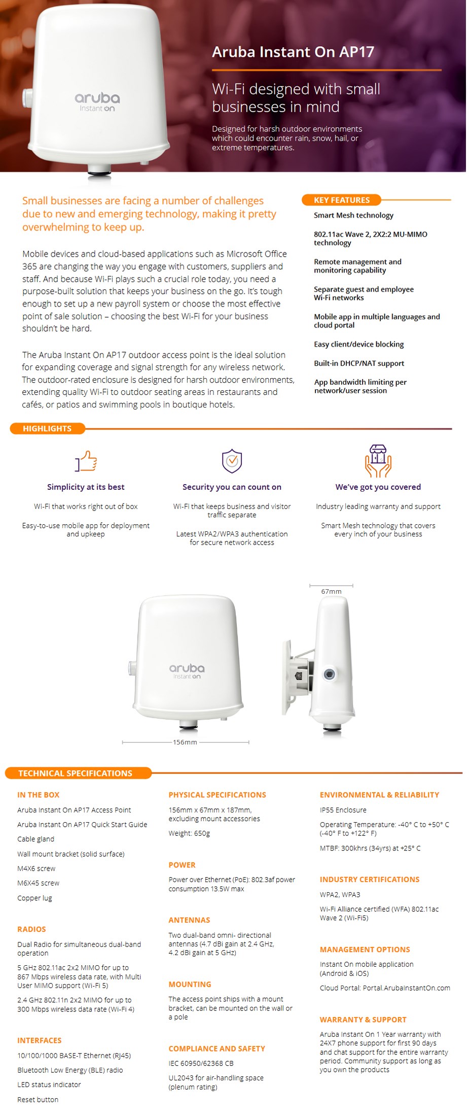 HPE Aruba Instant On AP17 802.11ac 2x2 MIMO Wave 2 Outdoor Access Point ...