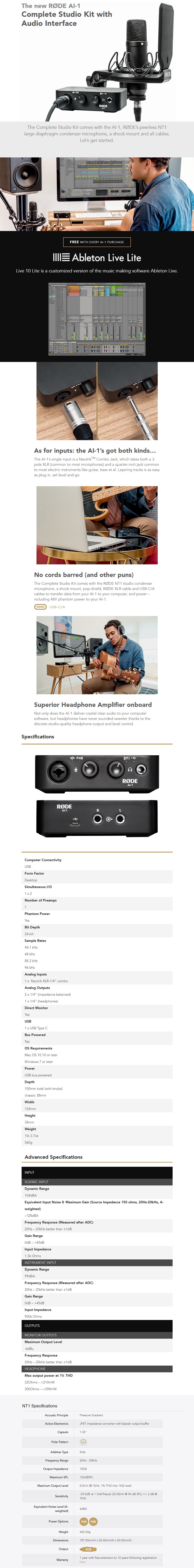 RODE Complete Studio Microphone Kit with Audio Interface - NT1 + Ai-1 ...