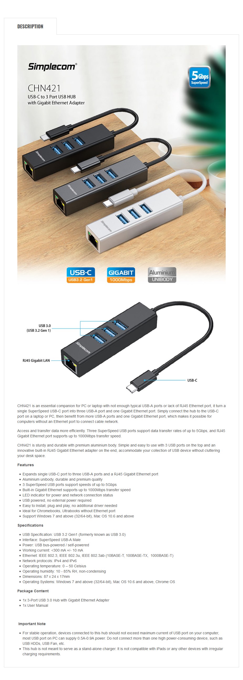 Simplecom CHN421 USB-C to 3 Port USB-A HUB w/ Gigabit Ethernet Adapter ...